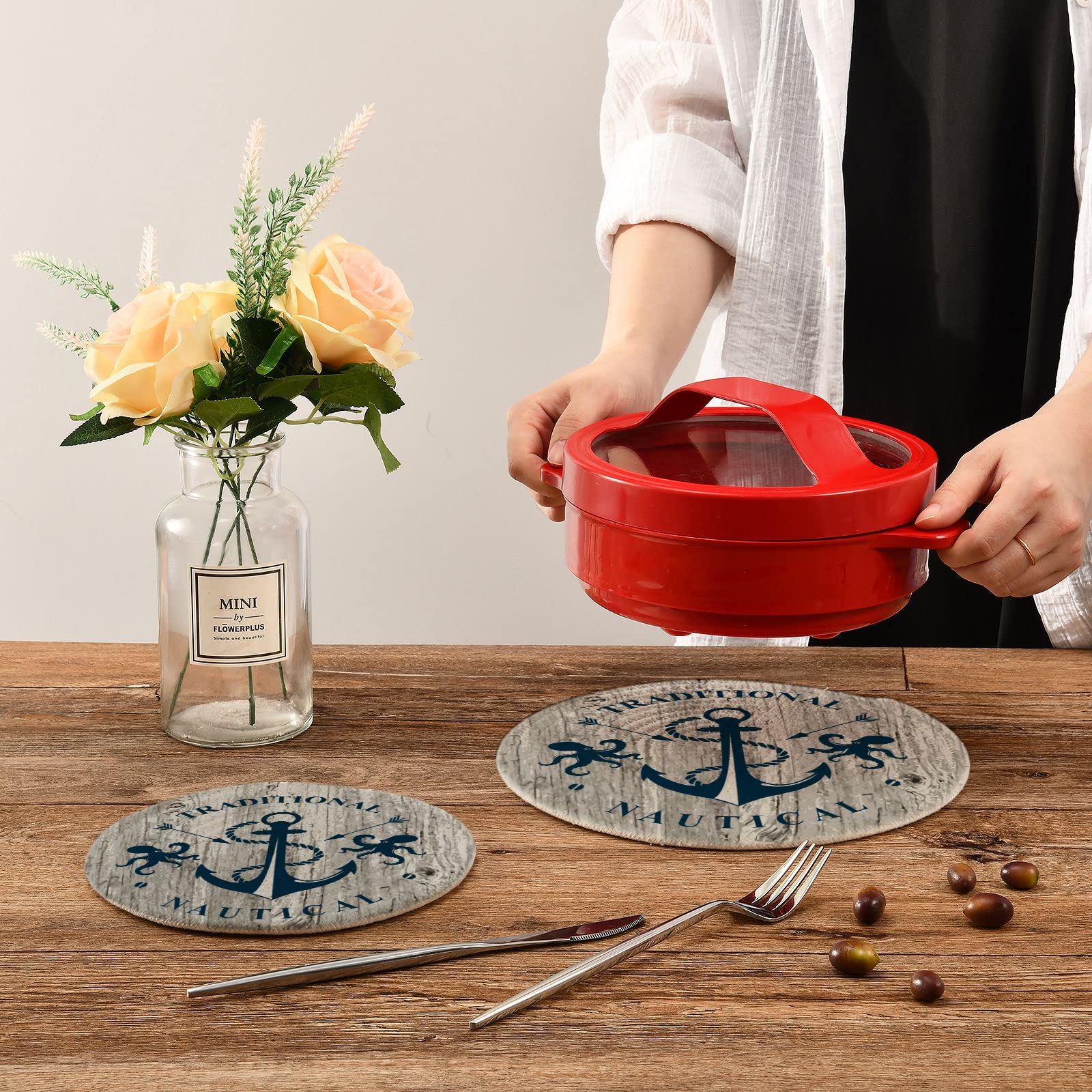 Cotton Rope Pot Holder Nautical Marine Octopus Anchor Wooden 2 Pcs Trivets for Hot Dishes Placemats Heat Resistant Hot Pads for Kitchen Weave Pot Mat Cooking Baking Deco