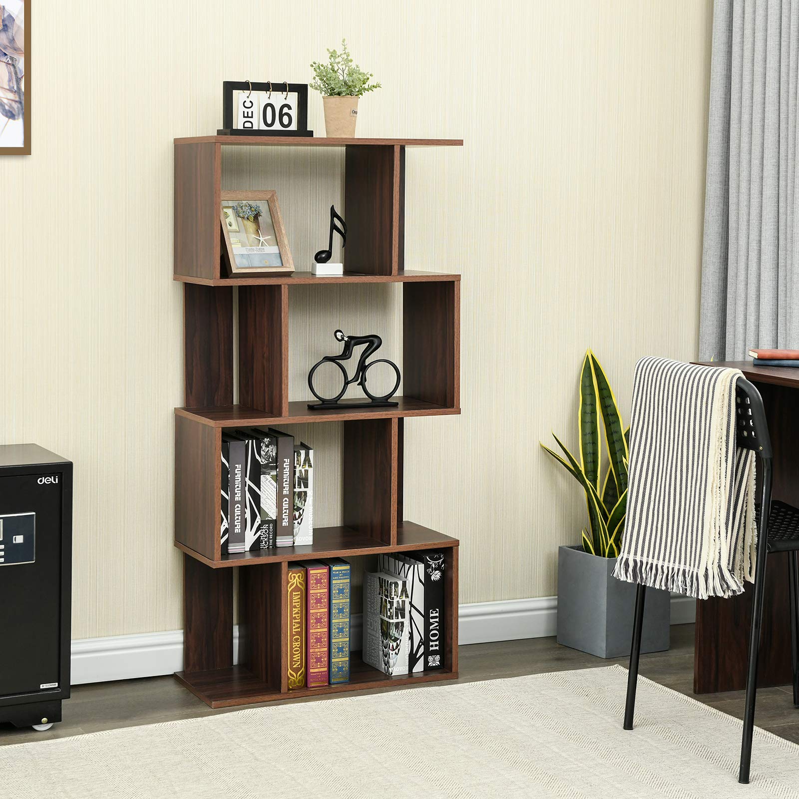 Coavas Rustic Bookcase Geometric Bookshelf Home Office Storage Shelves Vintage Display Shelf 4 Tiers Modern Organizer, Walnut