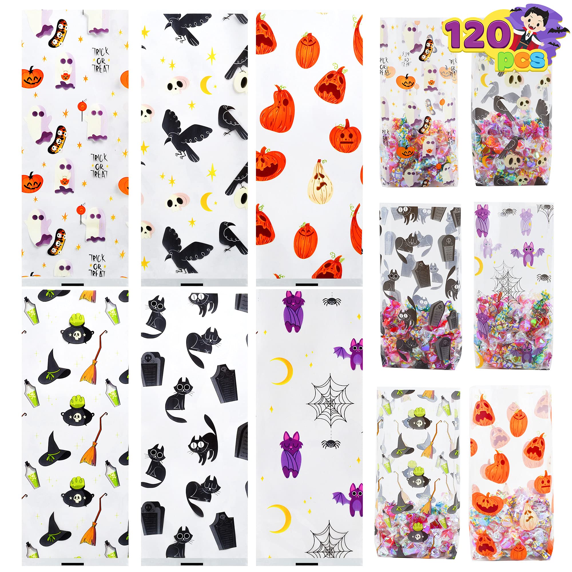 JOYIN 120 Pcs Halloween Cellophane Treat Bags, Halloween Trick or Treat Bags, Clear Plastic Goodie Gift Bags, Halloween Candy Bags for Party Favor Party Supplies