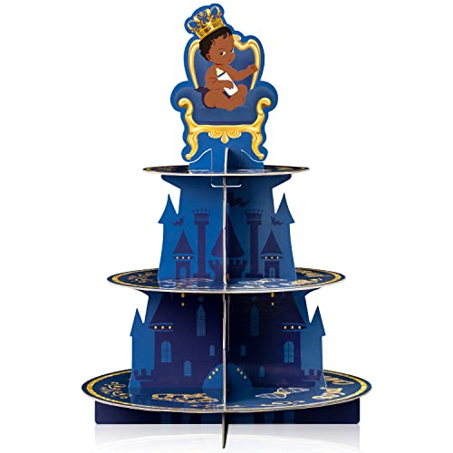 Haooryx Royal Prince Cupcake Stand Decorations 3 Tier African American Little Prince Cupcake Tower Cardboard Black Boys Crown Castle Dessert Holder for Boy Birthday Party Baby Shower Supplies