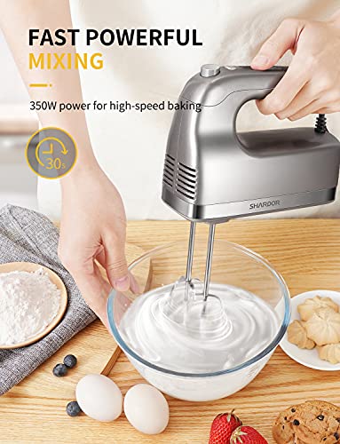 SHARDOR Hand Mixer, 350W Handheld Mixer with Storage Case 5-Speed Plus Turbo Hand Mixer Electric With 5 Stainless Steel Attachments(2 Beaters, 2 Dough Hooks and 1 Whisk), Silver