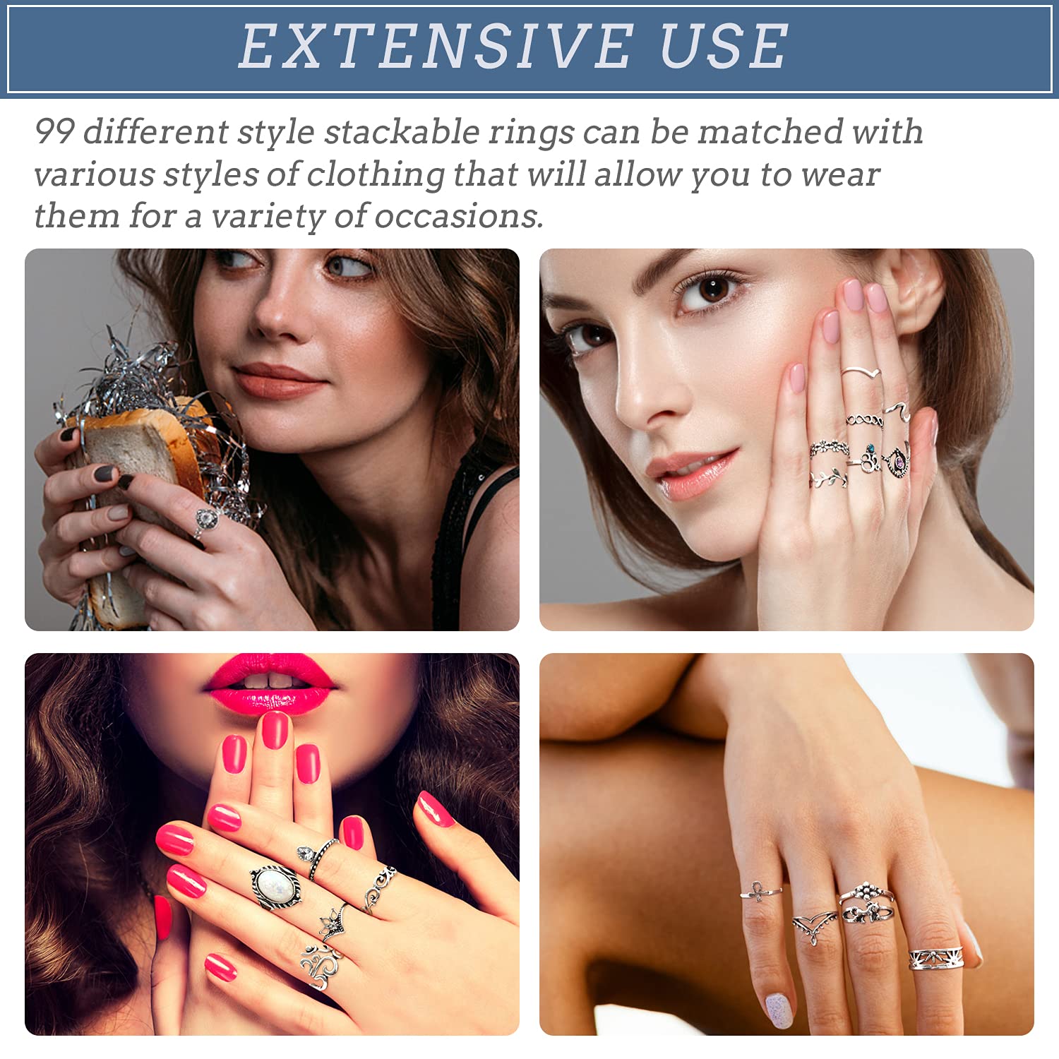 CLOYAN 99 Pcs Knuckle Rings for Women Cool Silver Rings Set Bohemian Goth Vintage Hippie Stackable Crystal Jewelry Accessories
