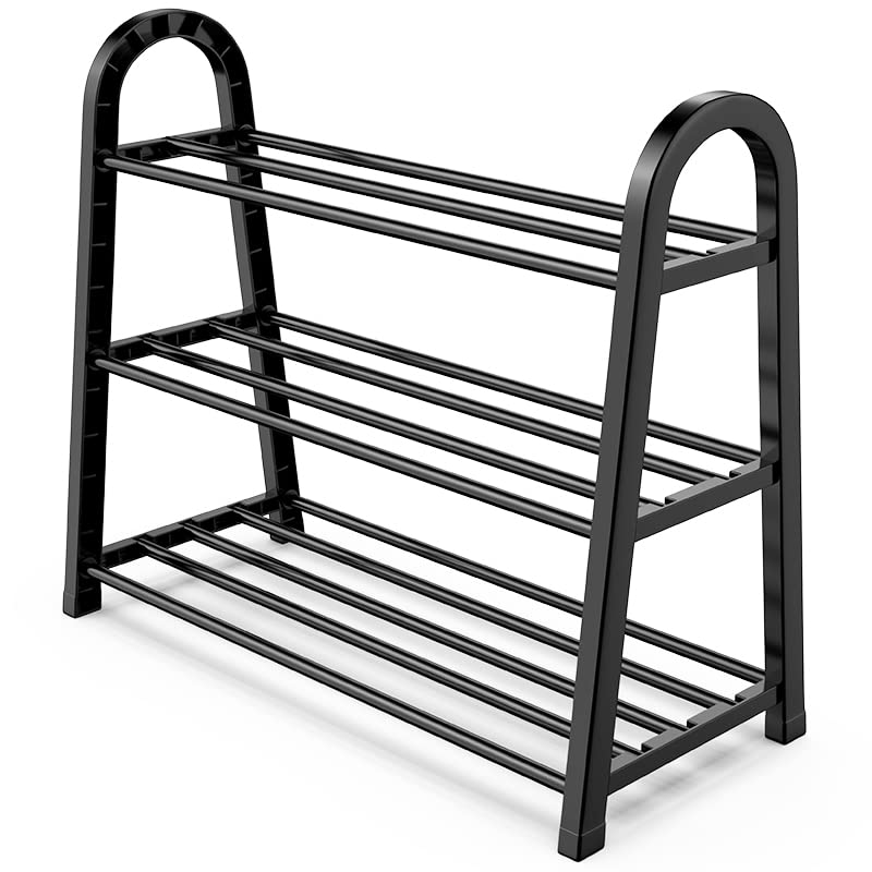 Wuliwuli 3-Tier Shoe Rack Stackable Metal Storage Organizer Multifunctional Free Standing Shoe Shelf for Entryway, Bathroom, Balcony, Kitchen, fits Boots, High Heels, Slippers, Black