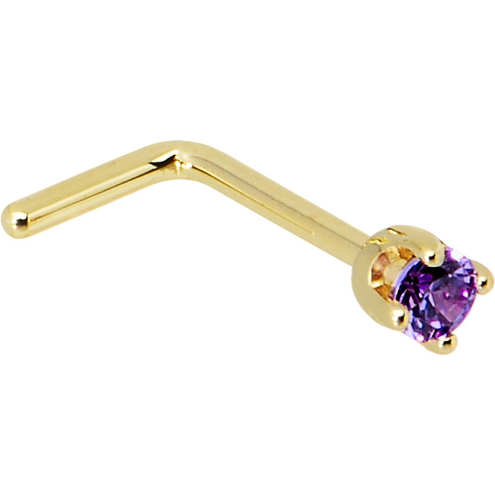 Body Candy Solid 14k Yellow Gold 2mm Purple Cubic Zirconia L Shaped Nose Stud Ring 20 Gauge 1/4"