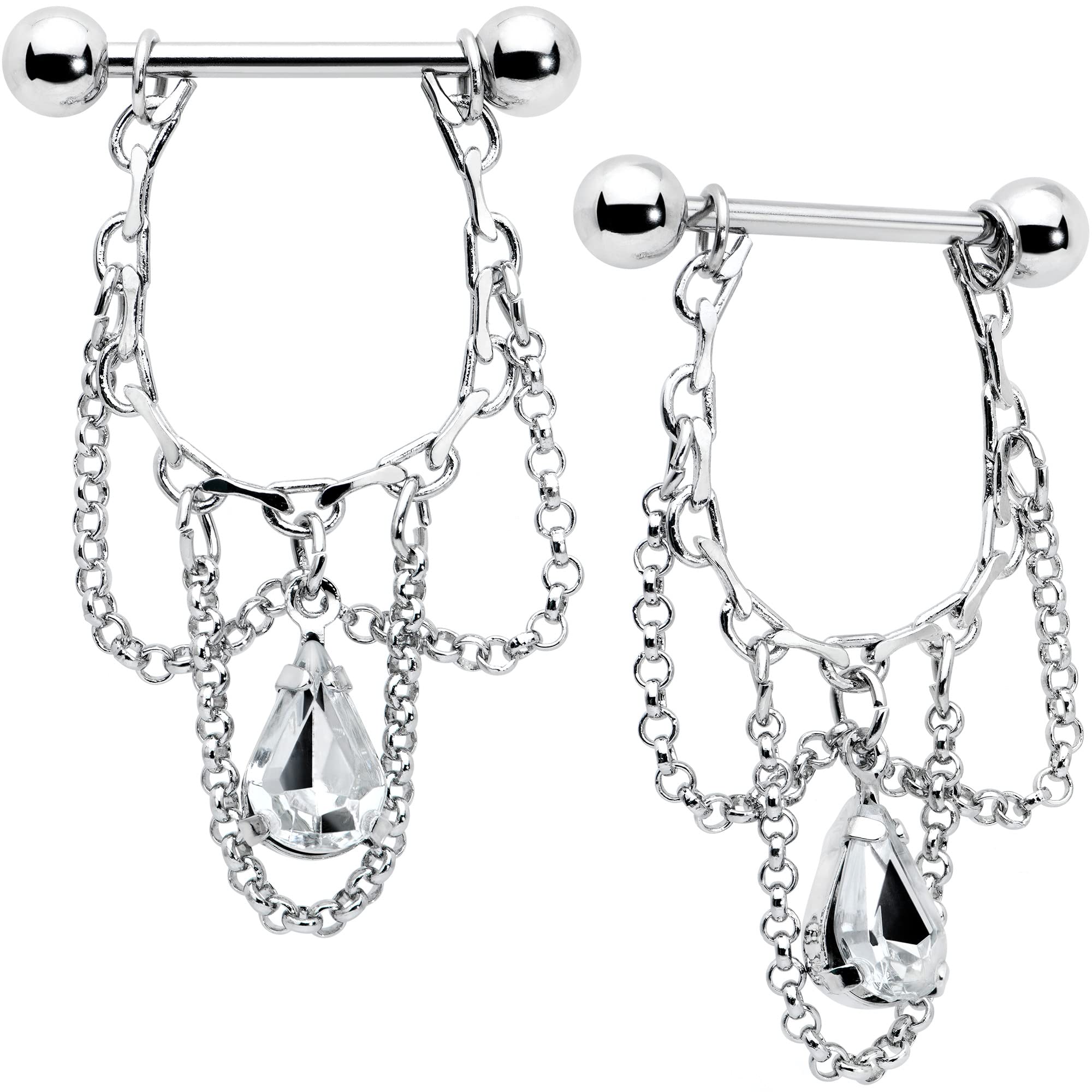 Body Candy Stainless Steel Clear Teardrop Chain Dangle Nipple Ring Set of 2 14 Gauge 5/8"