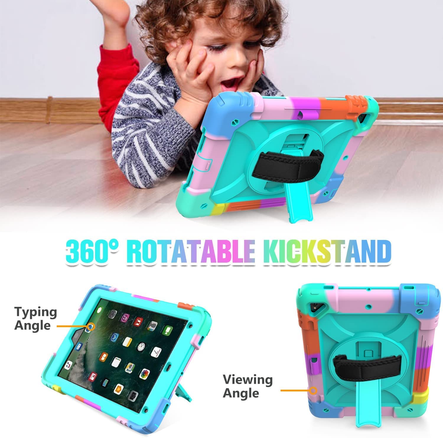 eTopxizu Rugged Case for iPad 9.7 Inch 2018/2017, 3 Layer Hybrid Shockproof [360 Rotating Stand] [Hand Strap] [Pencil Holder] Kids Case, iPad 6th Generation Case, iPad 5th Generation Case, Turquoise