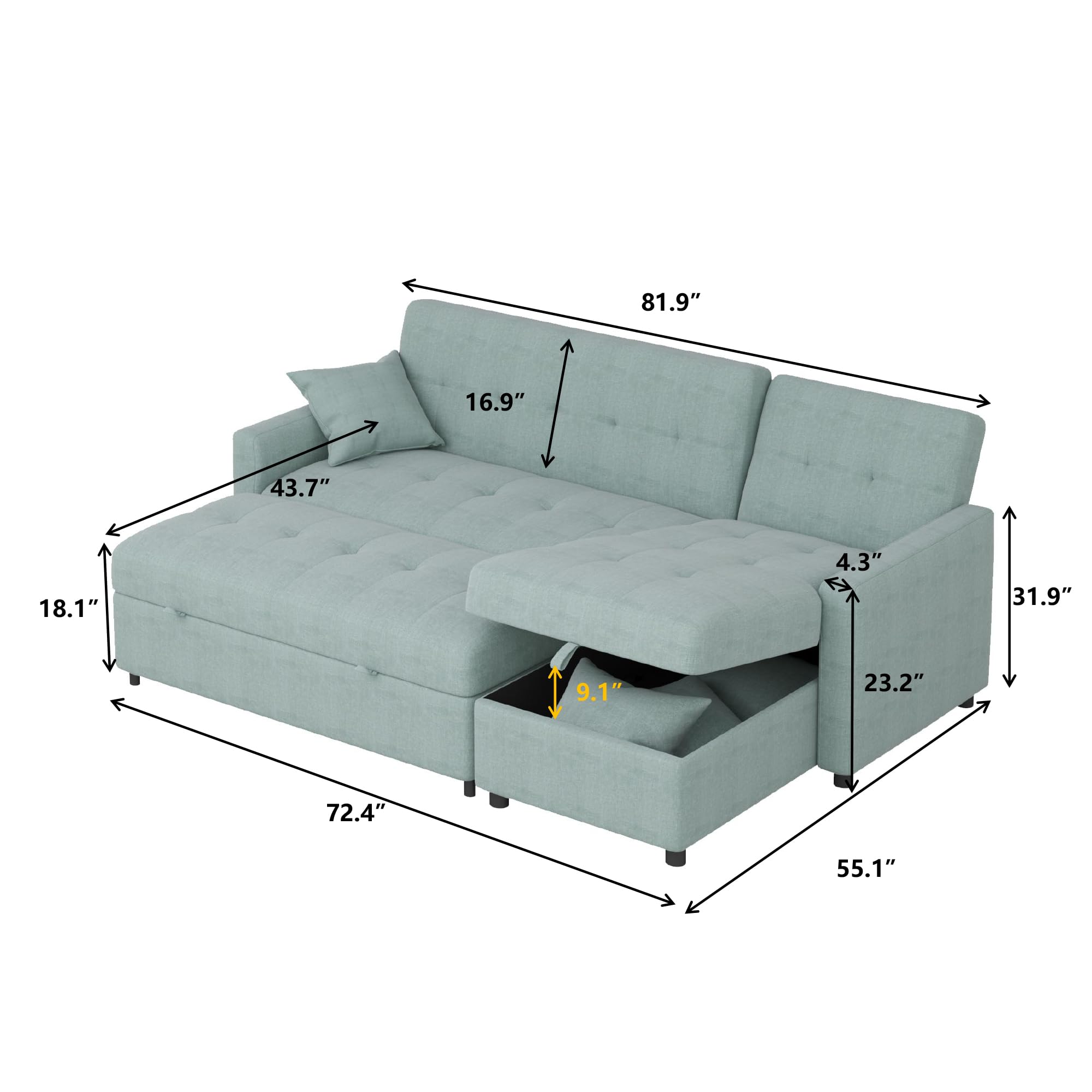 JACH Reversible Sectional Sleeper Sofa, 82'' Wide Pull-Out Sofa Bed with Storage, L-Shape Sectional Sofa with Chaise, 3 in 1 Design Convertible Loveseat for Living Room Small Apartment (Green)