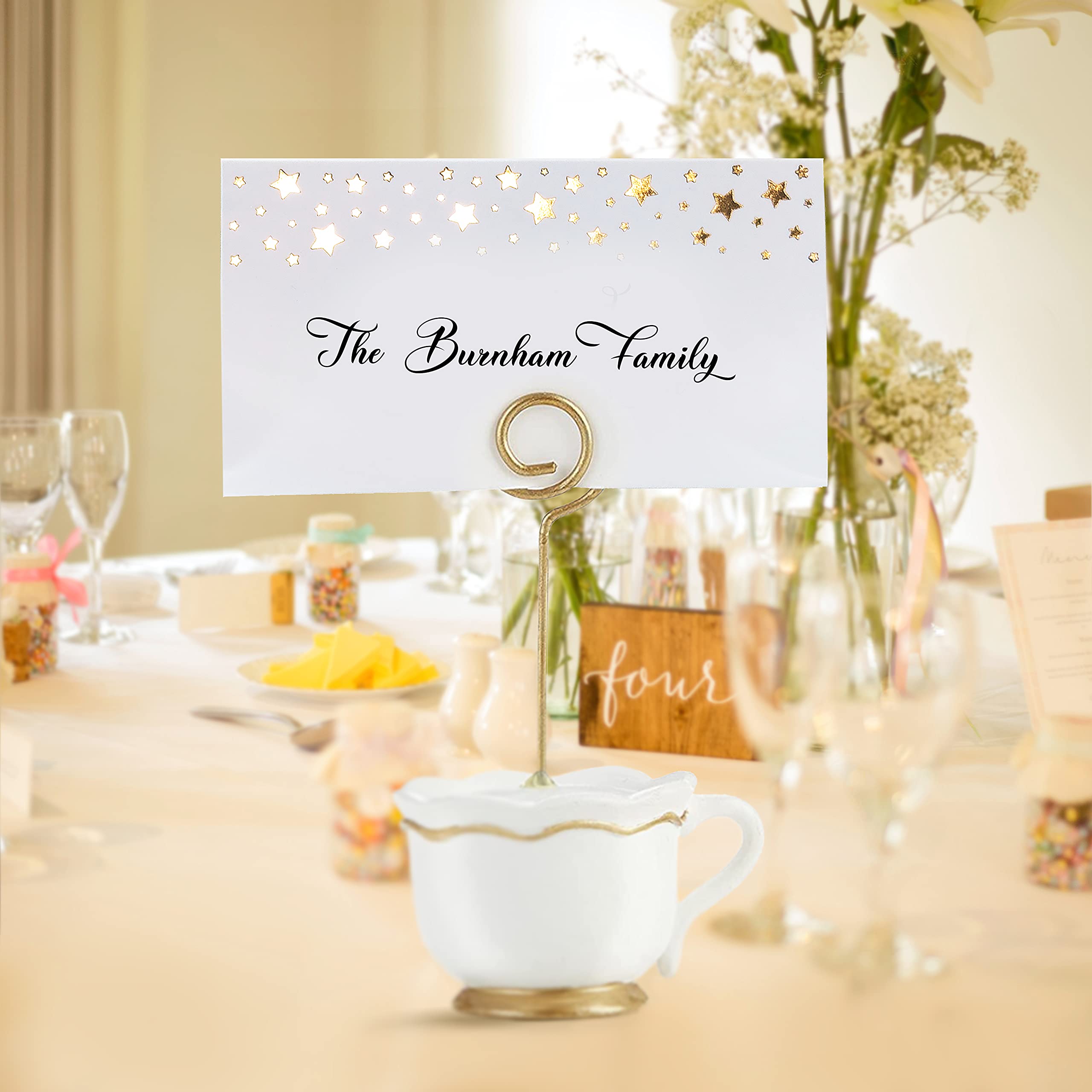 CLEVER SIGNS Gold Place Cards for Wedding or Party, 100 Pack, 2" X 3.5, Double Design, Gold Foil Stars and Line, Scored for Easy Folding, Place Cards for Table Setting, Seating Place Cards for Tables