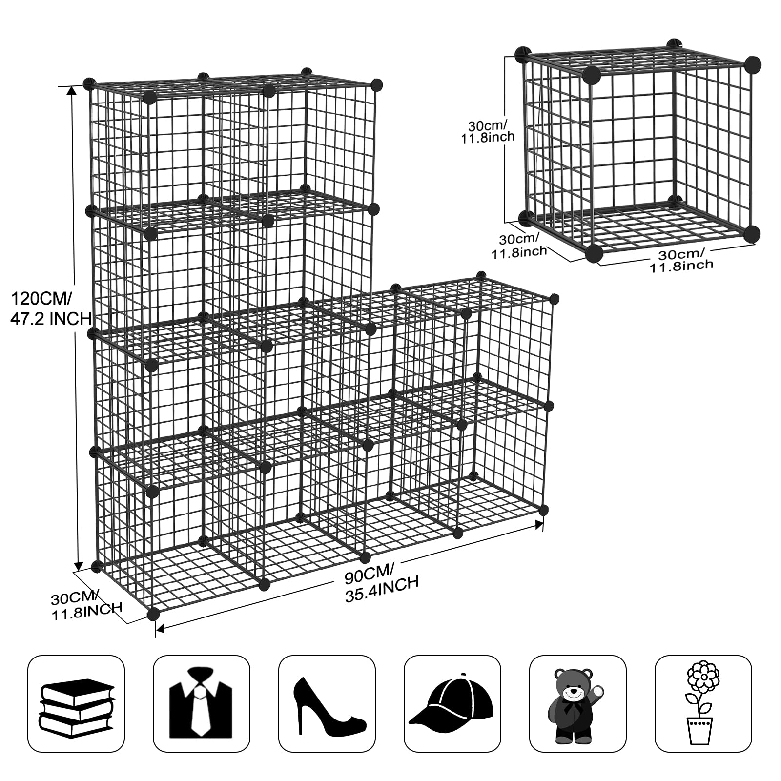TUMUCUTE Wire Storage Cubes, Metal Storage Shelves Bookshelf, Stackable Modular Closet Organizer for Bedroom Living Room, Office, Black (12 Cubes, Iron)