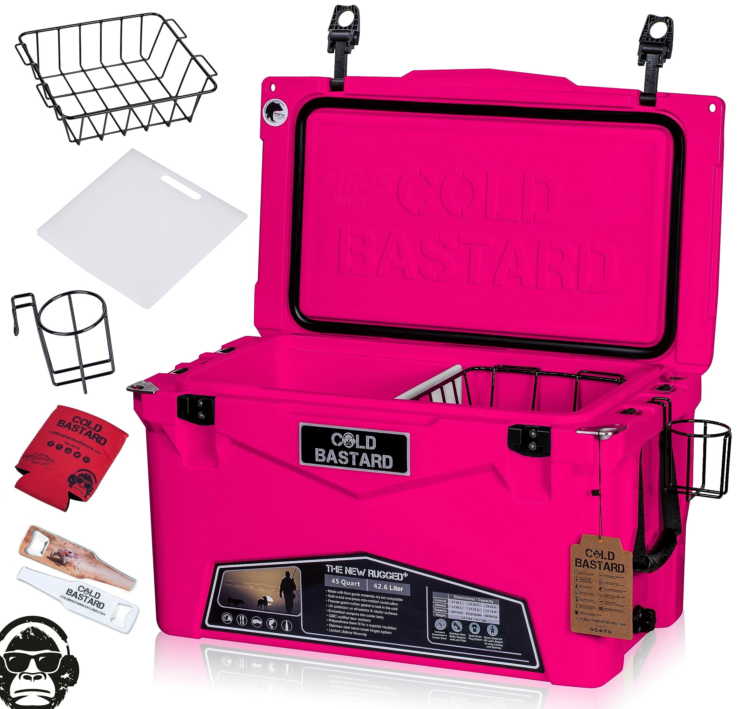 COLD BASTARD COOLERS 45QT Cold Bastard Rugged+ Pink NEON Best Premium Ice Chest Cooler Accessories Free S&H, CB45-PN