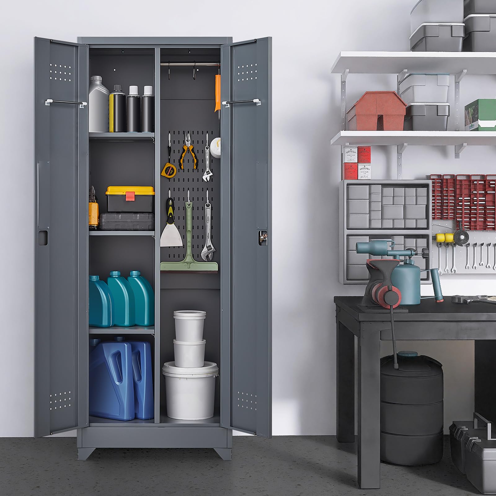 GREATMEET Broom Closet Storage Cabinet with Locking Doors,65" Metal Storage Cabinet with Hanging Rod,Garage Storage Cabinet Grey+White