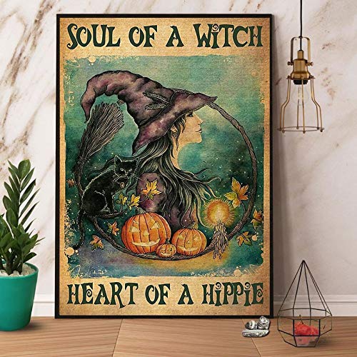 Pozino Witch Soul of The Witch Heart of Hippie Happy Halloween Metal Sign Art Tin Retro Home Coffee Wall Decor Room Decor Metal Tin Wall Stickers 12x16 inch