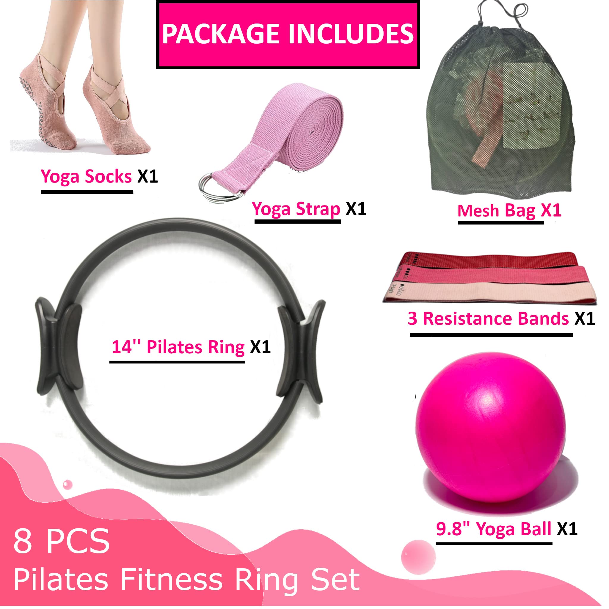 D.FAAM Pilates Ring and Ball Set with 3 Resistance Bands & Socks -14 Inch Pilates Ring Circle with Strap to Improve Strength and Core Stability - Pilates Sets for Women with Non-Slip Socks