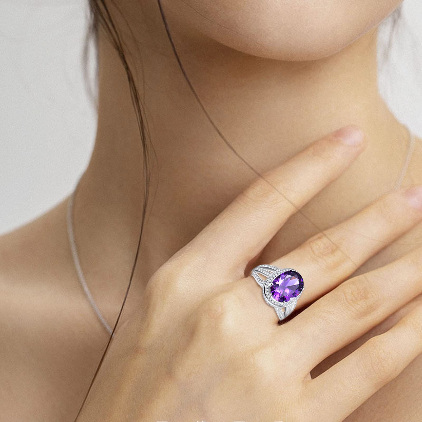 BONLAVIE 10.2ct 10x14mm Oval Cut Created Purple Amethyst Ring Paved White Cubic Zirconia 925 Sterling Silver Engagement Ring Wedding Bands Ring for Women Size 7