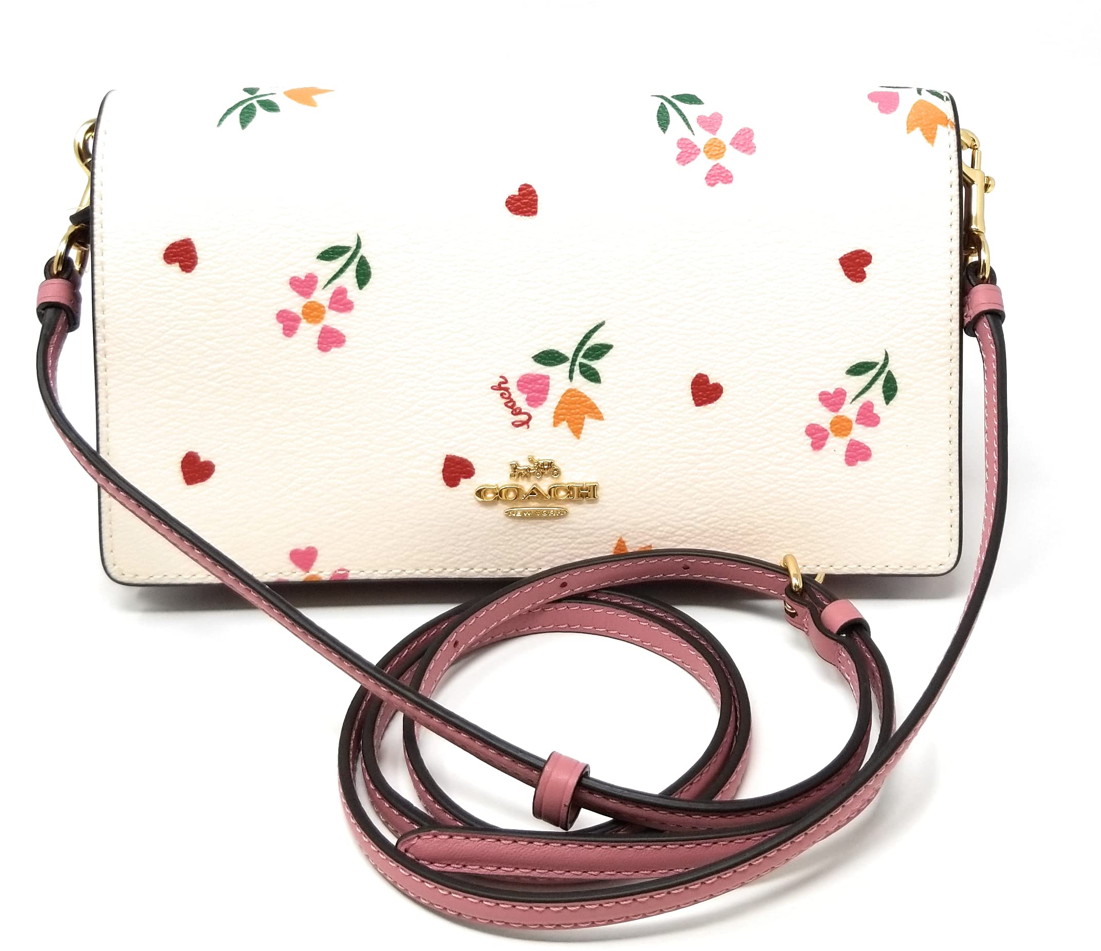 Coach Womens Anna Foldover Crossbody Clutch (Coated Canvas - Heart Petal Print - Chalk Multi)