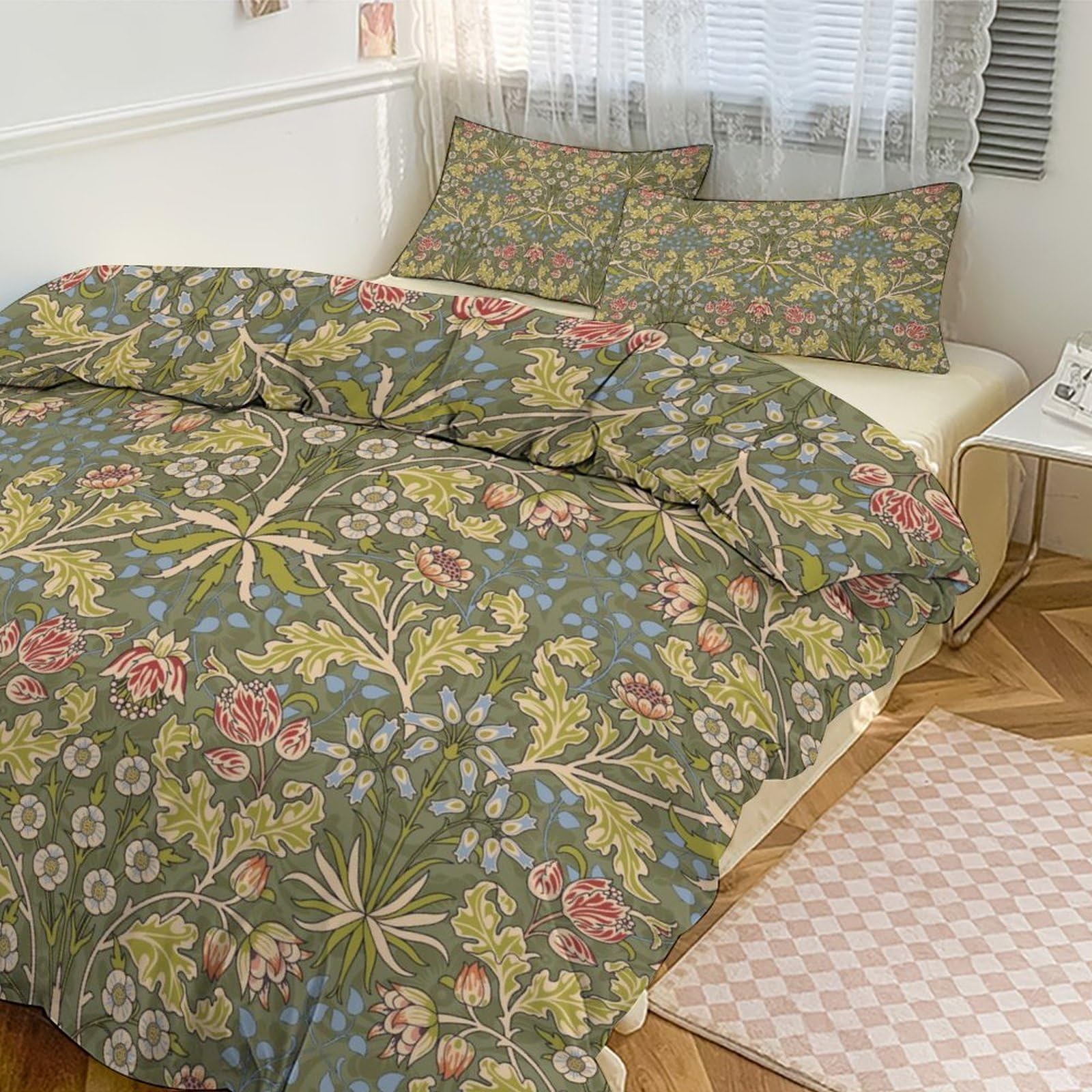 GDSCCLGX Watercolor William Morris Art Duvet Cover Set Queen Size,Vintage Mid Century Spring Floral Abstract Birds Bedding Sets 3 Pieces-1 Duvet Cover 2 Pillowcases