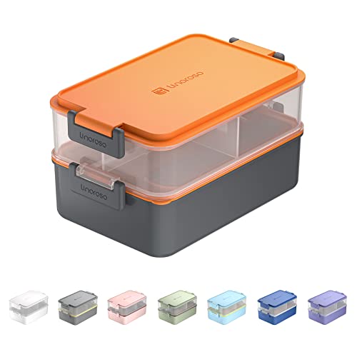 linoroso Stackable Bento Box Adult Lunch Box | Meet All You On-the-Go Needs for Food, Salad and Snack Box, Premium Bento Lunch Box for Adults Include Utensil Set, Dressing Containers - Lava Orange