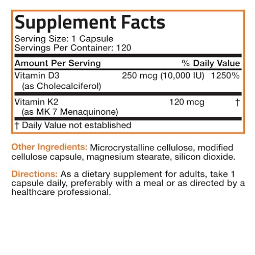 Bronson Vitamin K2 (MK7) with D3 Extra Strength Supplement Bone and Heart Health Non-GMO Formula 10,000 IU Vitamin D3 & 120 mcg Vitamin K2 MK-7 Easy to Swallow Vitamin D & K, 120 Capsules