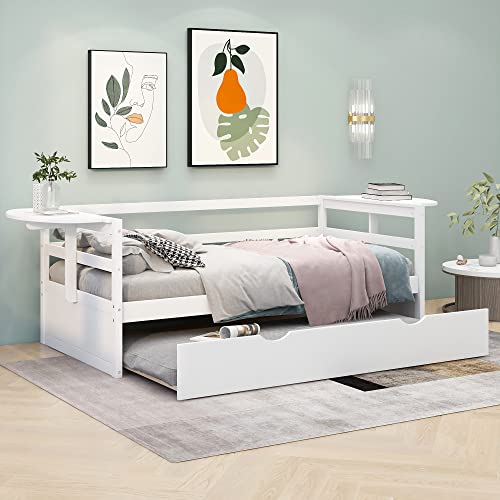 Harper & Bright Designs Daybed with Trundle and Side Foldable Table, Wood Twin Size Sofa Bed Frame with Wood Slat Support, Twin Bed Frame for Bedroom, Living Room (White)
