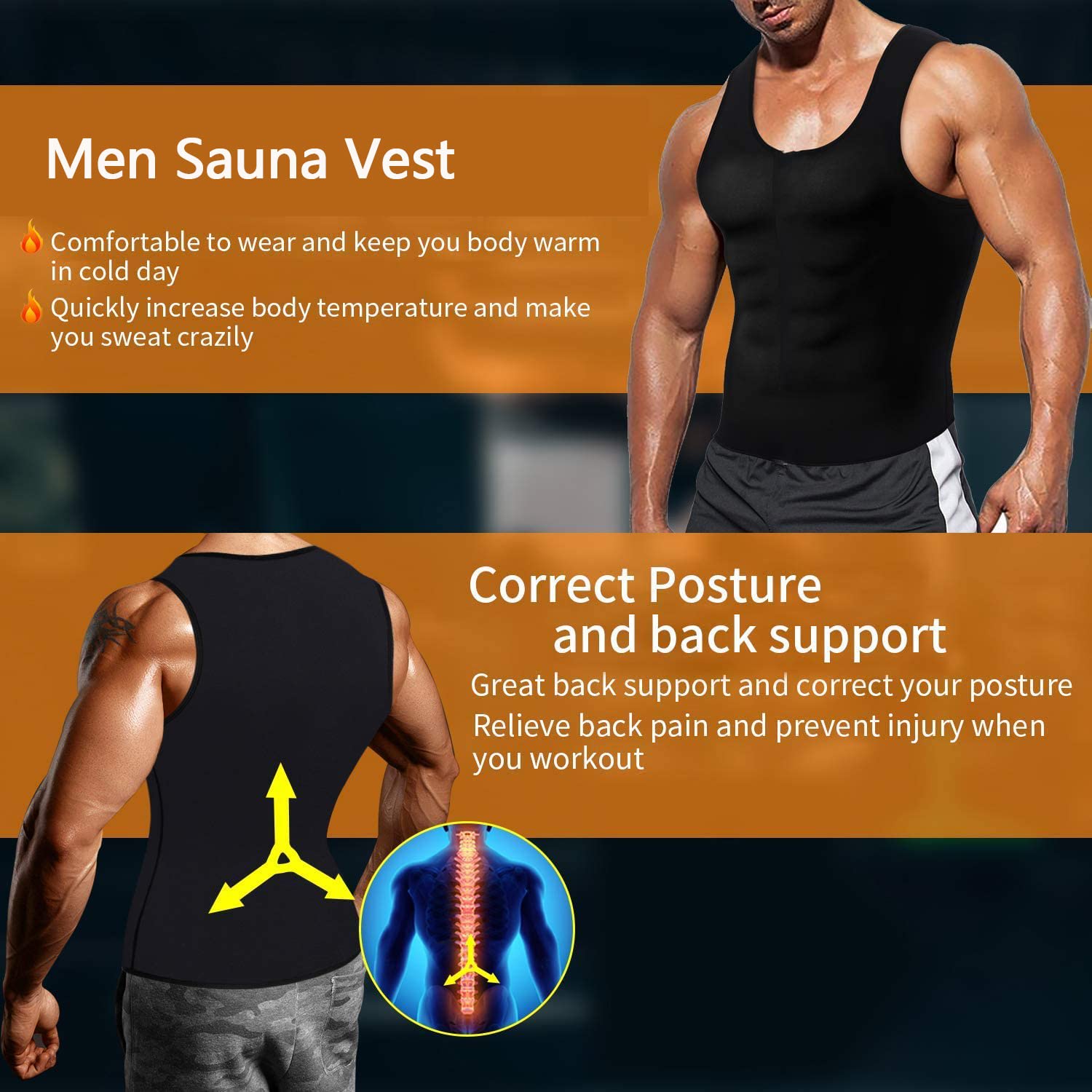 BODYSUNER Sauna Sweat Vest Workout Tank Top Waist Trainer for Men Compression Workout Enhancing Vest With Zipper Blue,2XL/3XL