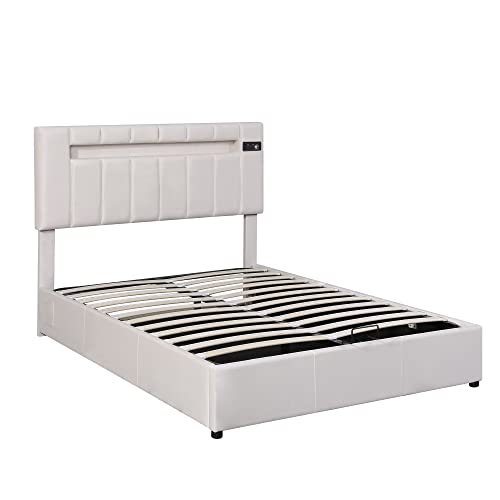 Harper & Bright Designs Upholstered Full Platform Bed with LED Headboard, Bluetooth Player and USB Charging, Velvet Fabric Full Size Bed with Lift Up Storage, No Box Spring Needed (Beige)