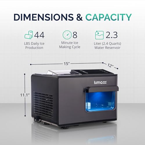 Luma Nugget Countertop Ice Maker, 44 lbs in 24 Hours, Black Stainless Steel Ice Machine, Perfect for Home Bar, Kitchen Countertop, RV, Home Office