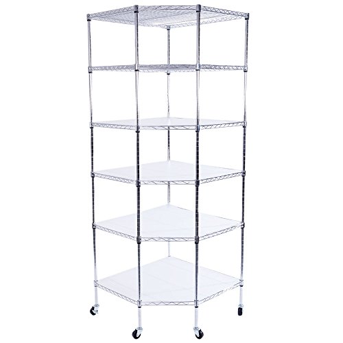 Guangshuohui 6-Tier Metal Storage Rack with Wheels,Plated Polygonal Corner Shelf Steel Wire Shelving Tower,Metal Storage Shelf Unit for Garage Laundry Bathroom Kitchen Pantry Closet, Silver