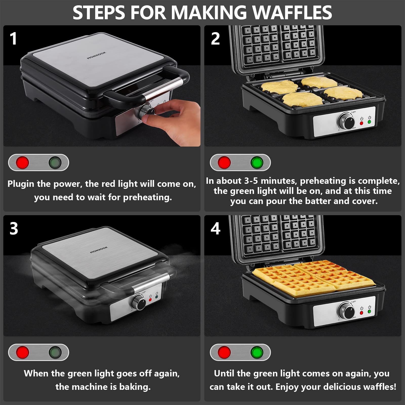 MONXOOK Belgian Waffle Maker, 4-Slice Non-Stick Square Waffle Maker, Anti-Overflow Waffle Iron with Browning Knob, Indicator Lights, Compact Design, Recipes Included, 1200W, Silver/Black