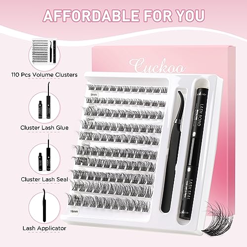 Cuckoo DIY Eyelash Extension Kit, 110 PCS DIY Cluster Eyelash Extension Kit With Lash Bond and Seal, Applicator Tool Lash Extensions Kit,9-16 Mix Lash Cluster Kit, 3D Cluster Eyelash Extensions Kit