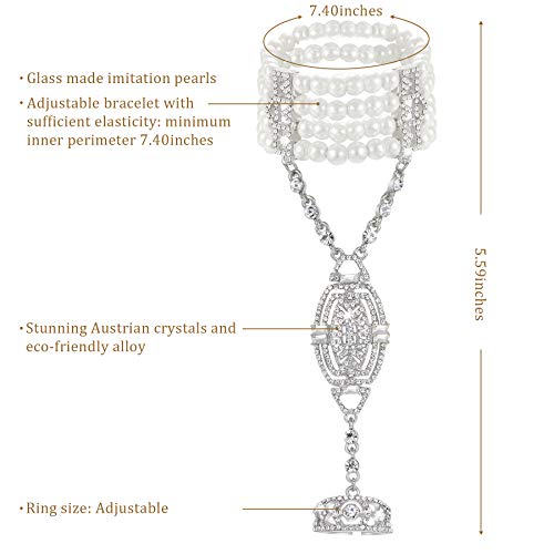 Coucoland 1920s Flapper Bracelet Ring Set Roaring 20s The Great Gatsby Austrian Crystals Imitation Pearl Bracelet Accessory (Silver)