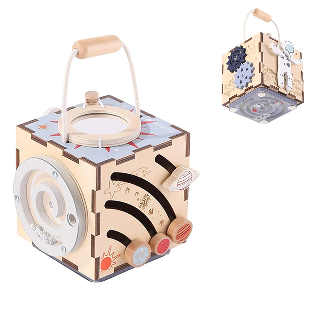 EverEarth Baby Activity Cube Wooden, Space Wooden Activity Cube Toys 6 in 1 Activity Cube for Toddlers 18M+, Multi-Function Educational Learning Montessori Toys for Boys Girls Birthday