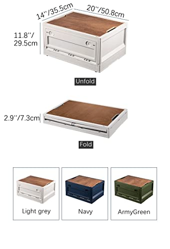 Xicennego 12-Gallon/45L Foldable Storage Bin with Wooden Lid - Large Capacity - Front and Rear Side Opening - Stackable Plastic Folding Storage Containers for Car Trunk, Camping, Picnic, Garage, Closet (Navy )