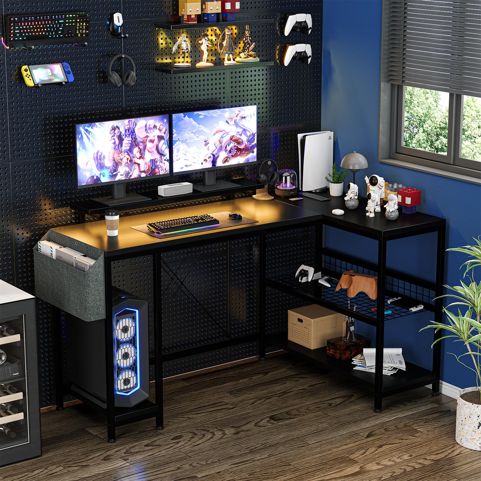 ElectraSpeedy 49" L Shaped Desk with Power Outlet & LED Lights, Reversible Corner Computer Desk with Storage Shelves & Monitor Stand, Home Office Desk for Gaming Writing Study (Pink)
