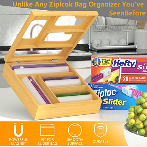 Ziplock Bag Storage Organizer for Drawer - Bamboo Kitchen Food Storage Bag Organizer Holders, Gallon Quart Snack Sandwich and Slider Bag Dispenser, Compatible with Ziploc Hefty Glad Solimo and More