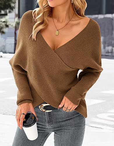 KIRUNDO 2023 Fall Winter Women's Long Sleeve Cross Wrap V Neck Knit Sweater Off Shoulder Backless Casual Pullover Tops(Camel, Small)