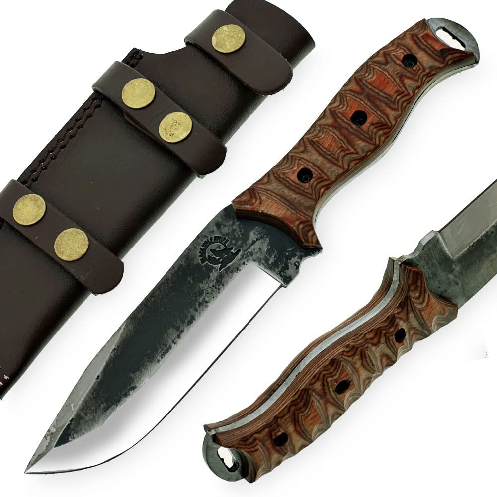 D2 Steel Hunting Knife Fixed blade knife Densified Wood handle, Black Edge,Bush craft, Camping, with Cowhide Leather Sheath – BW-4150