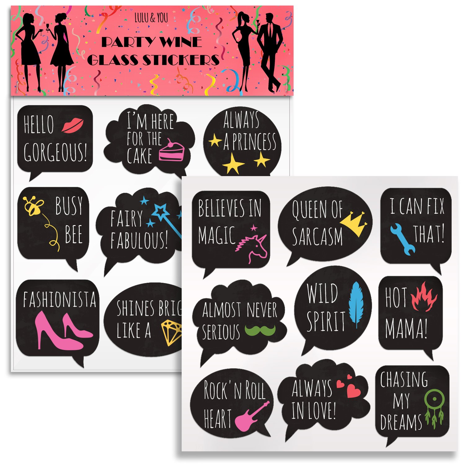 Funny Wine Glass Drink Markers - 18 Static Clings Reusable Glass Stickers - For Wine Tasting Party, Wine Gift and Favors