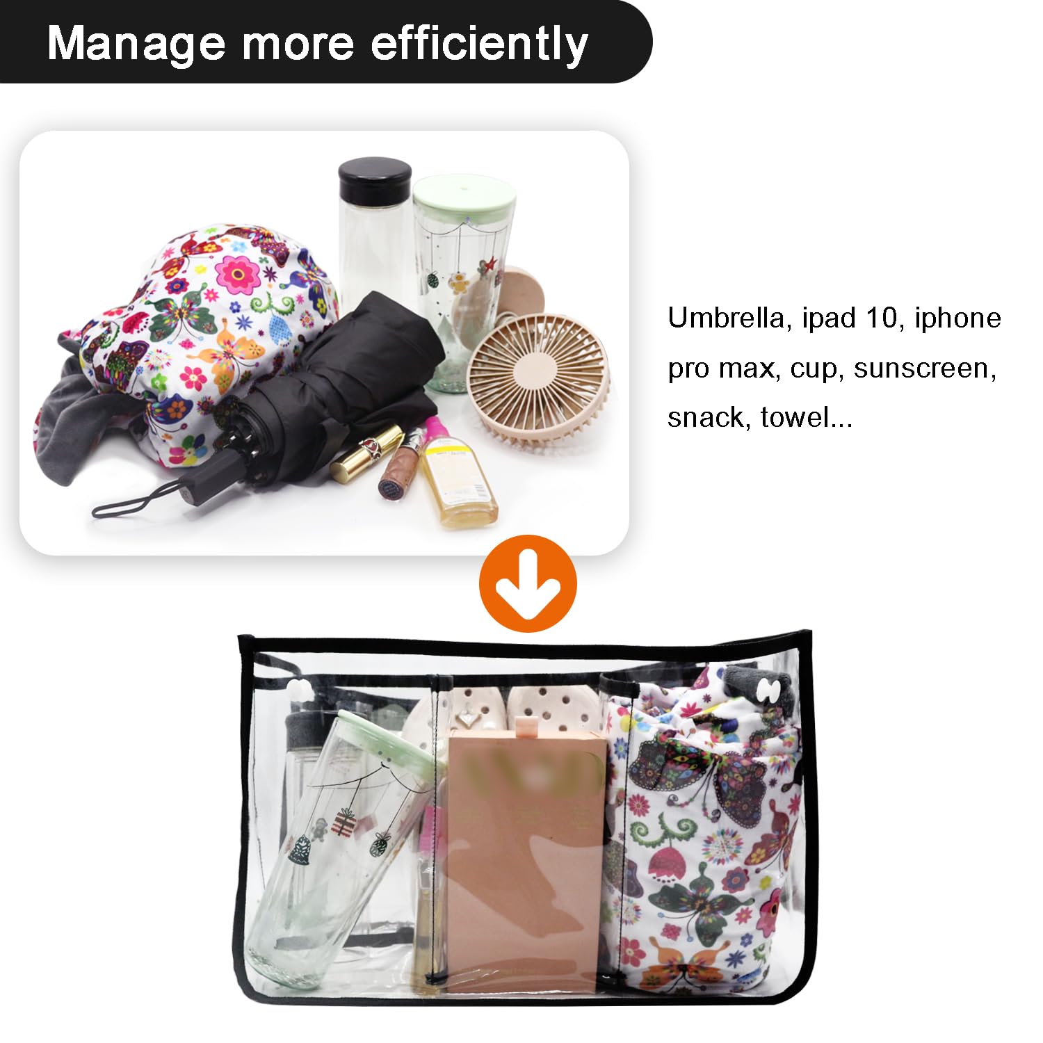 Everfunny Clear Waterproof Organizer Bag with 2 Hooks for Bogg Bag, Insert Pouch for Organizing Divide Space