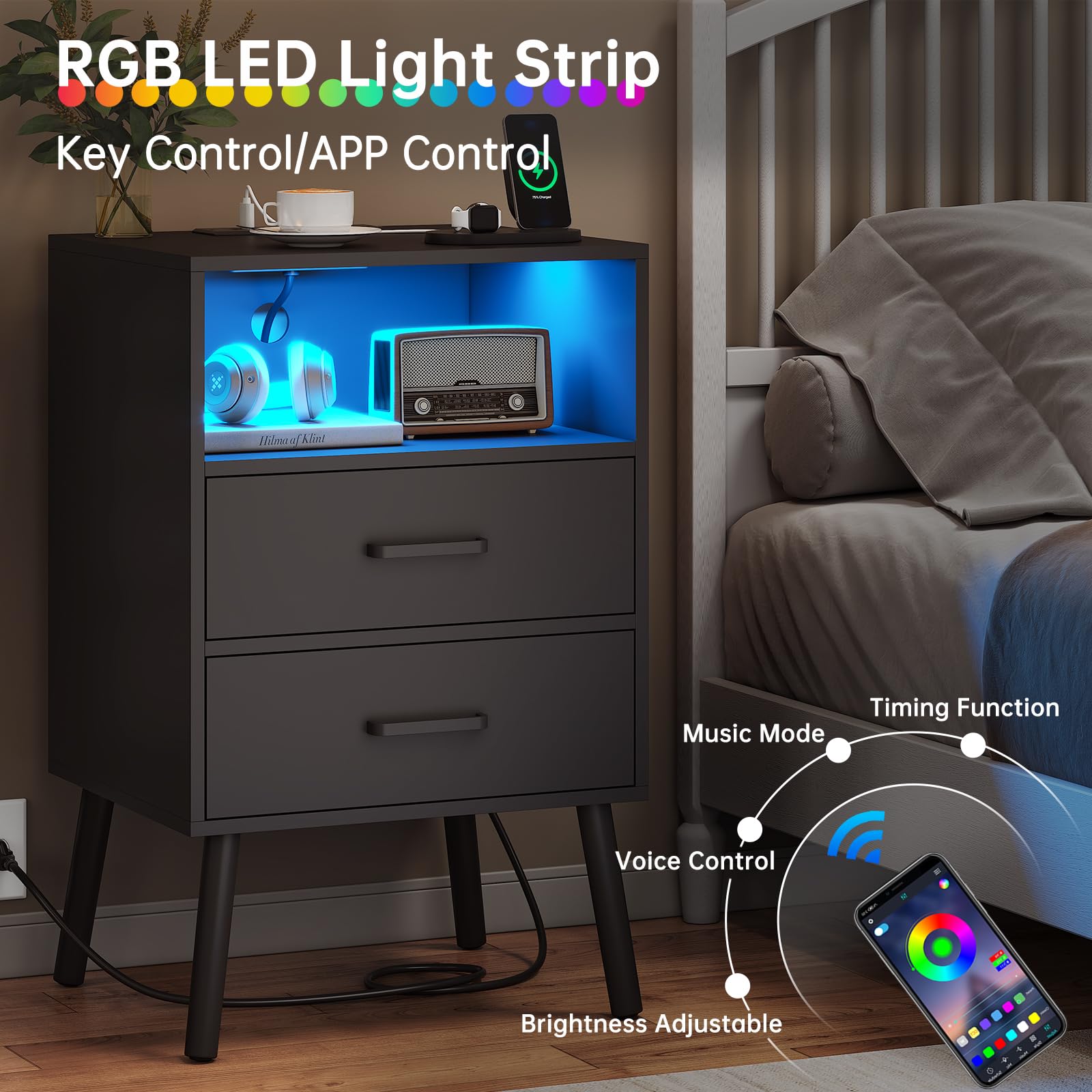 Diliplain Nightstand with Charging Station, Black Night Stand with LED Lights, Modern Side Table with Drawers and Open Shelf, End Table with Solid Wood Legs for Bedroom
