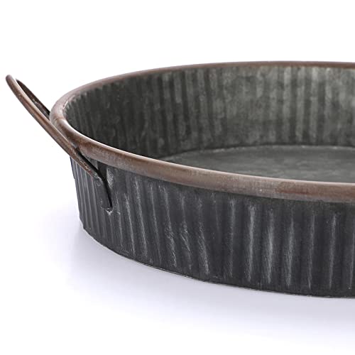 Hipiwe Galvanized Metal Iron Tray with Handles Farmhouse Rustic Decorative Tray Industrial Style Serving Tray Round Galvanized Tray for Coffee Table, Home Decor (Set of 2)