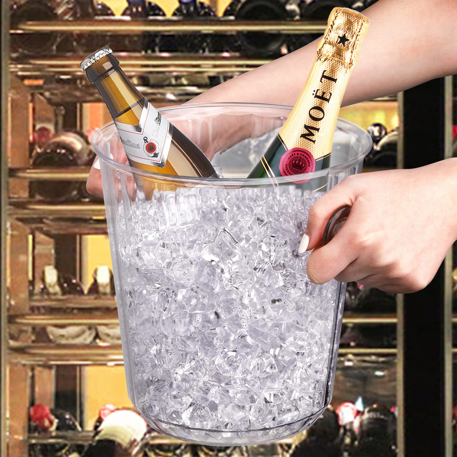 Hacaroa 2 Pack Plastic Ice Bucket with Handles, 1.6L / 3.5L Clear Wine Bucket Round Beverage Tub, Portable Beer Bottle Drink Cooler Large Champagne Chiller Bin for Party, Bar, Home