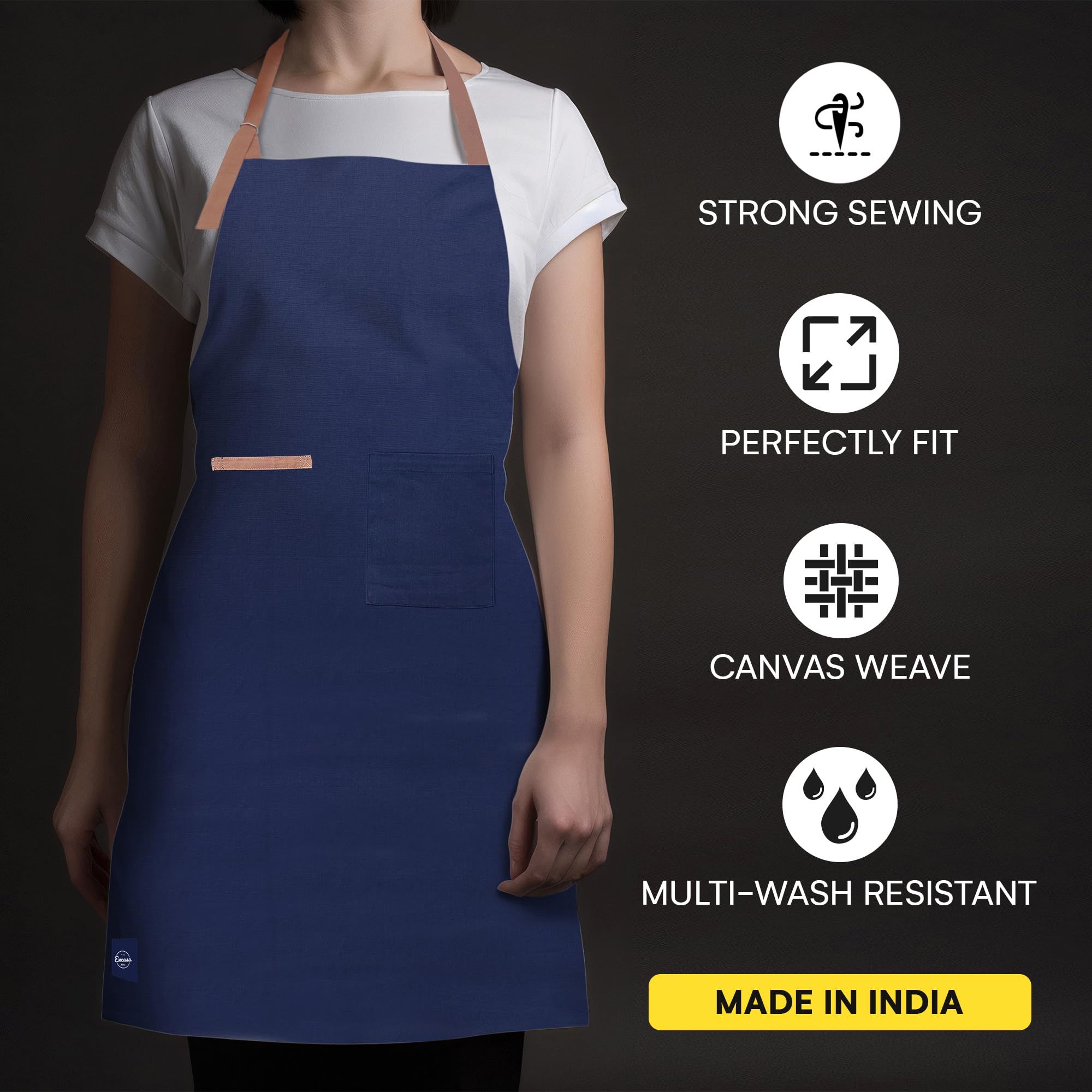 Encasa Homes Adjustable Kitchen Cotton Apron With Pockets & Towel Holder Of Size 27 x 33 inch (Scotch Blue + Tan Straps) for Men & Women Chefs For Cooking & Baking in Home, Restaurants & Barbeque
