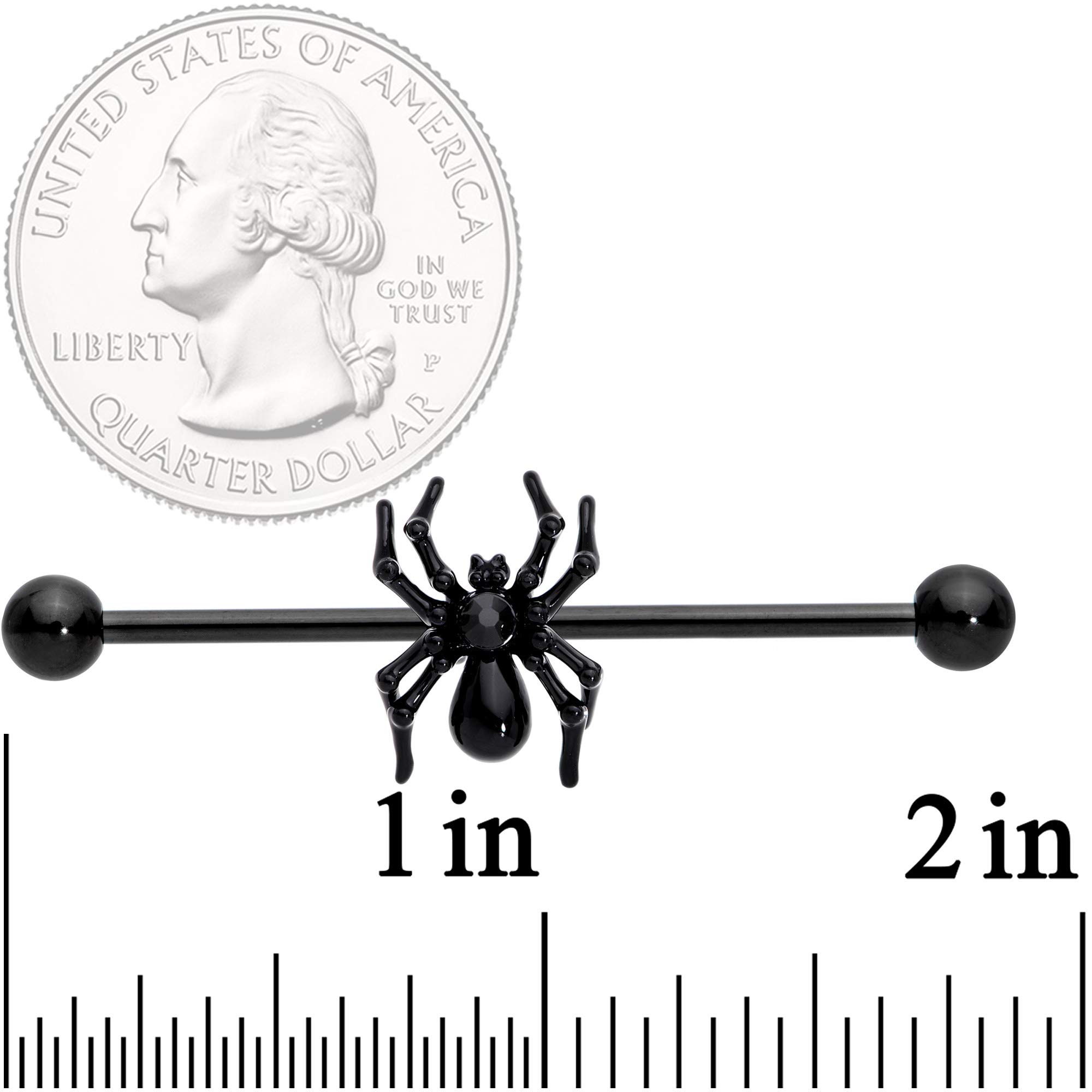 Body Candy 14G Black PVD Steel Helix Cartilage Earring Black Accent Scary Spider Industrial Barbell 1 1/2"