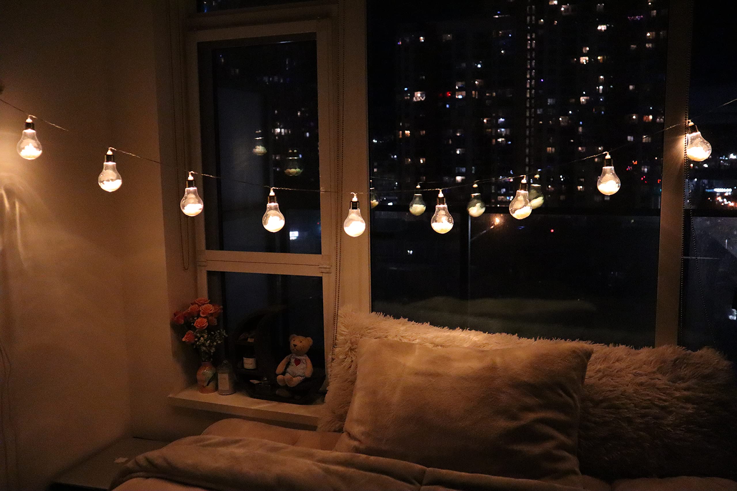 Thegreen Globe String Light led with Sparkles and Flowers Plug in Wall, 9 Light Bulb with Extension + Female Plug a Decorative Lights for Bedroom, Patio, Garden and Waterproof