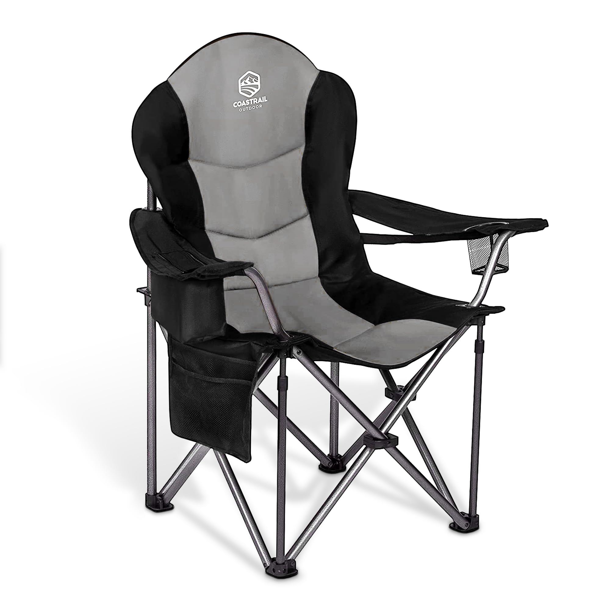 Coastrail Outdoor Camping Chair Oversized Padded Folding Quad Arm Chairs with Lumbar Back Support, Cooler Bag, Cup Holder & Side Pocket, Extra Head Pocket, Supports 400 lbs (Black, Modern)