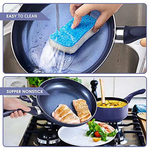 Pots and Pans Set,Aluminum Cookware Set, Nonstick Ceramic Coating, Fry Pan, Stockpot with Lid, Blue,10 Pieces