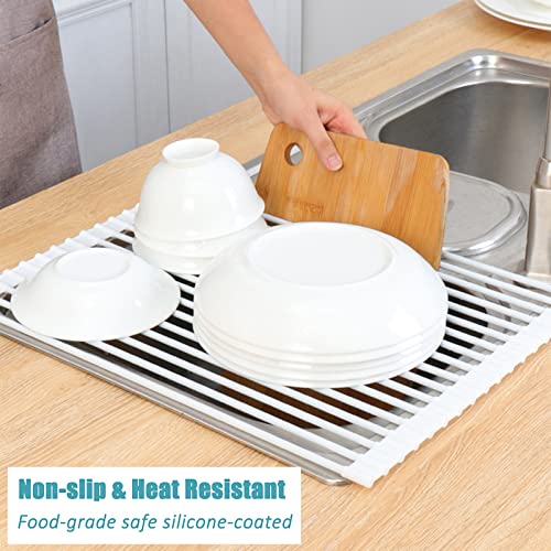 ZOIMINU Dish Drainer, White Roll Up Dish Drying Rack, Over Sink Drying Rack with Silicone-Coated, Heat-Resistant Anti-Slip Dry Rack for Dishes Cups Fruits Vegetables - 17" x 13.1"
