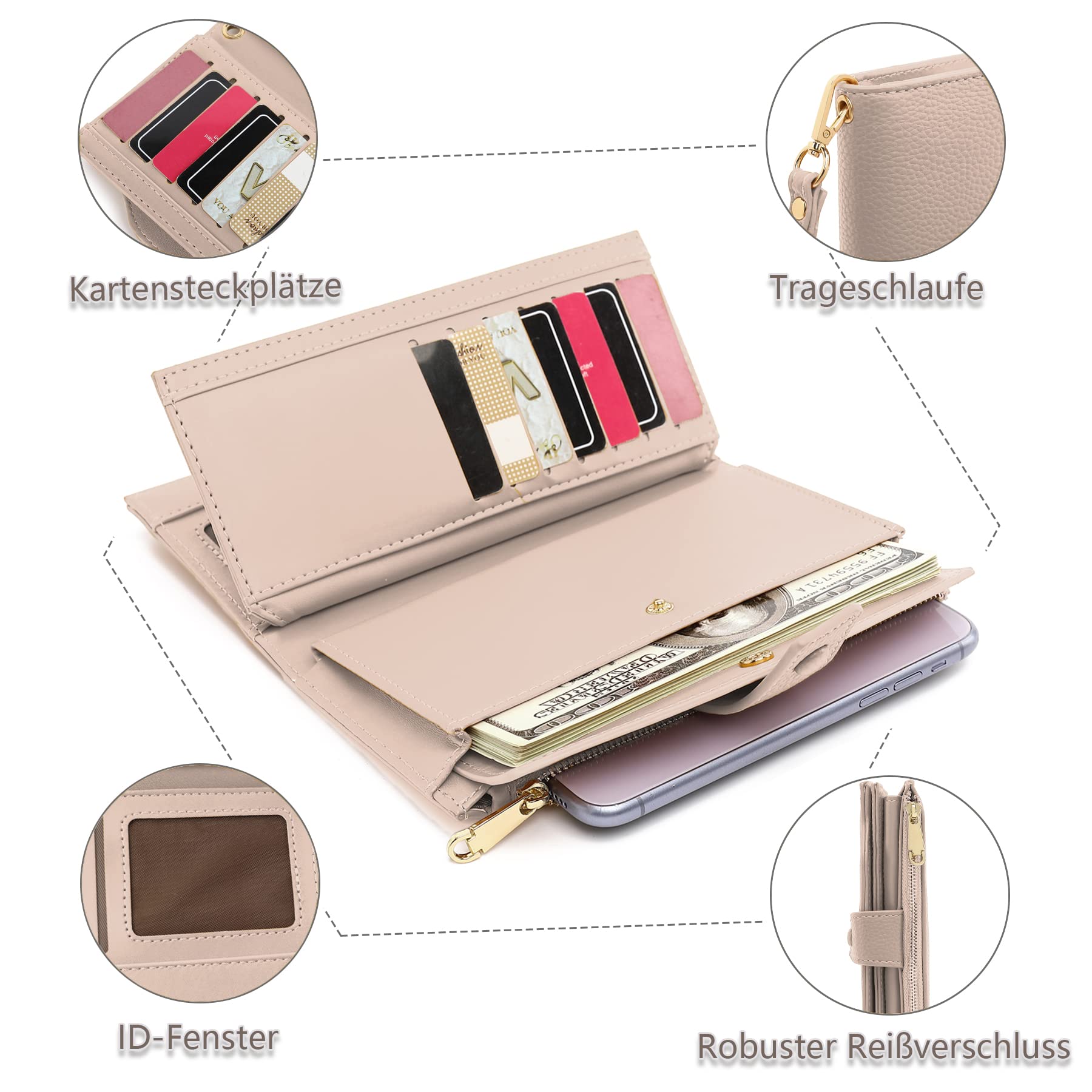 TAN.TOMI Wallet for Women RFID Blocking Vegan Leather Card Holder Phone Checkbook Organizer Zipper Coin Purse（Pink）