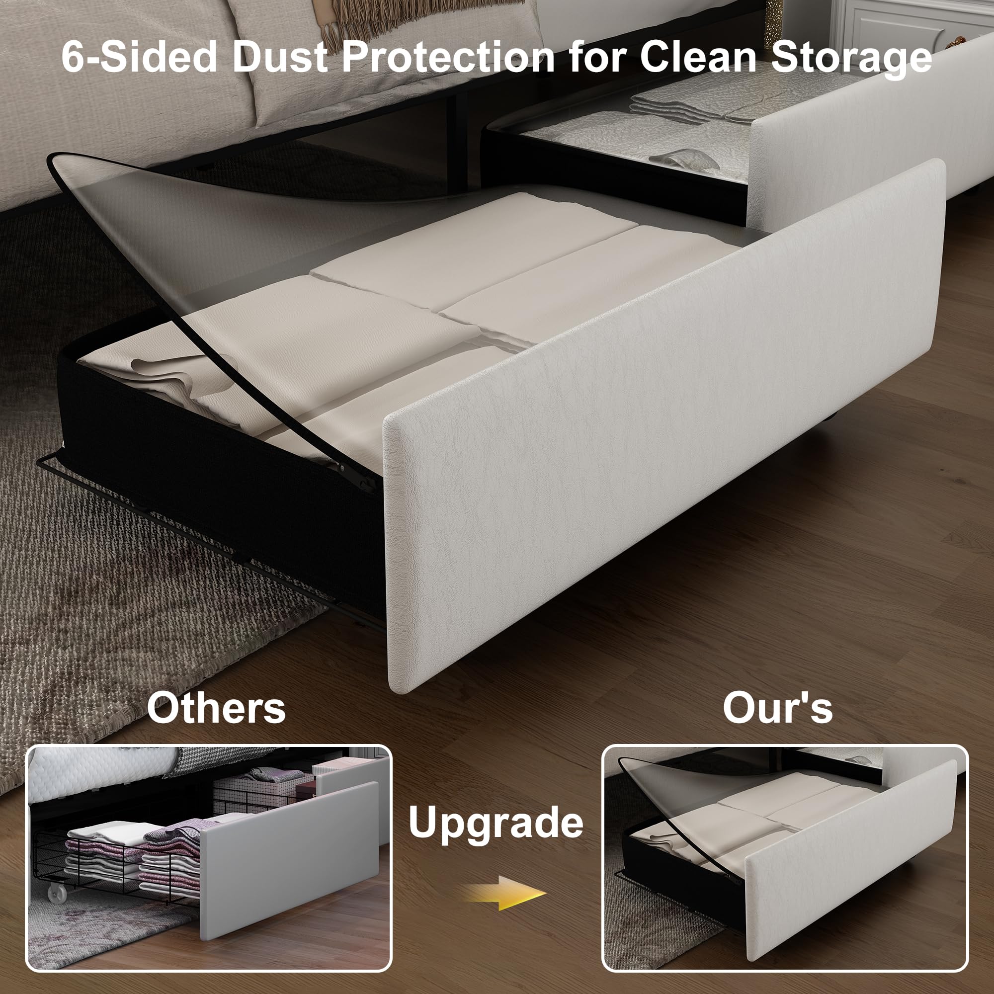 GEGOFORU Queen Wingback Modern Platform Bed with Galaxy Projector, 4 Dust-Proof Storage Drawers, LED Bed Frame, USB Ports, No Box Spring Needed & Noise-Free Sturdy Wood Slats, PU Black