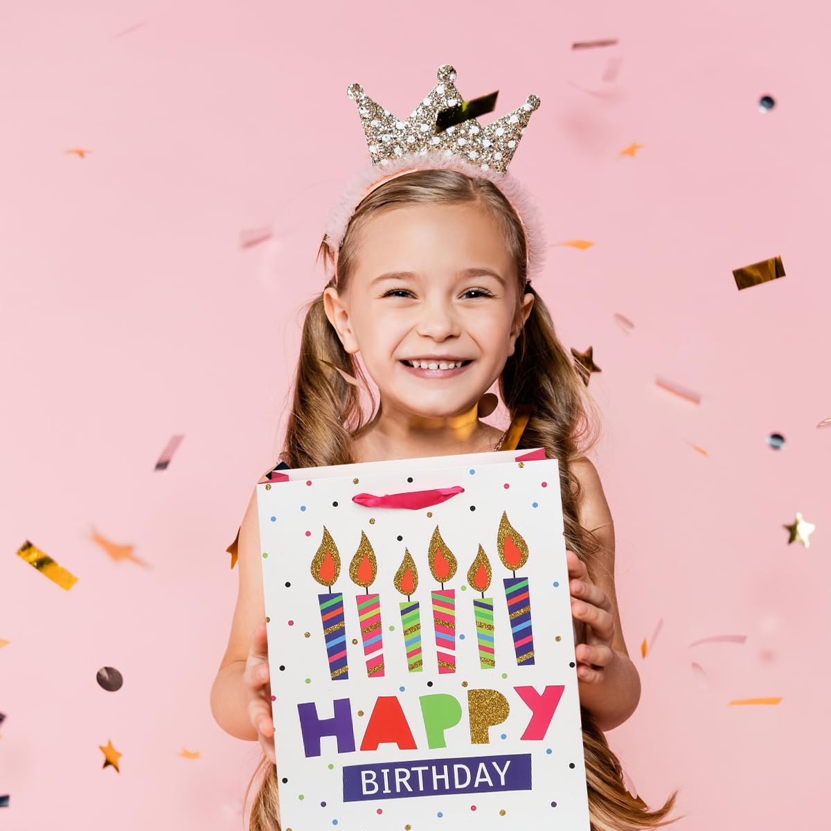 Dimetey 2 Pack 12.6" Large Gift Bag with Tissue Paper and Happy Birthday Card for Birthdays (Pink)